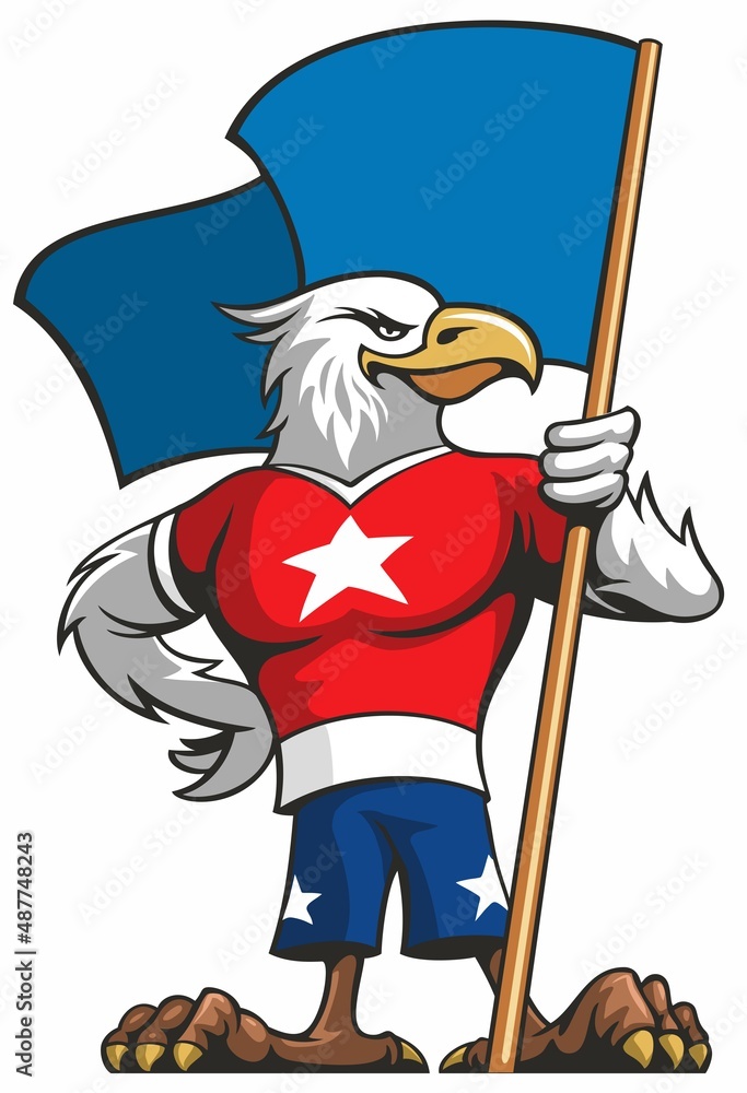 Cartoon style eagle character, holding the blue flag, vector eagle ...