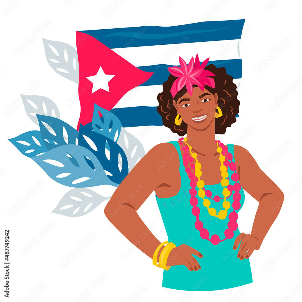 Cuban woman at backdrop of Cuba national flag. Native or inhabitant of ...