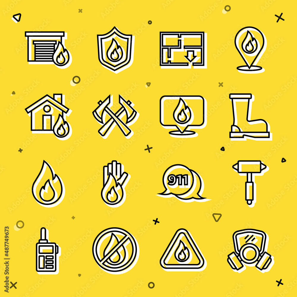 Set line Gas mask, Firefighter axe, boots, Evacuation plan, in burning ...