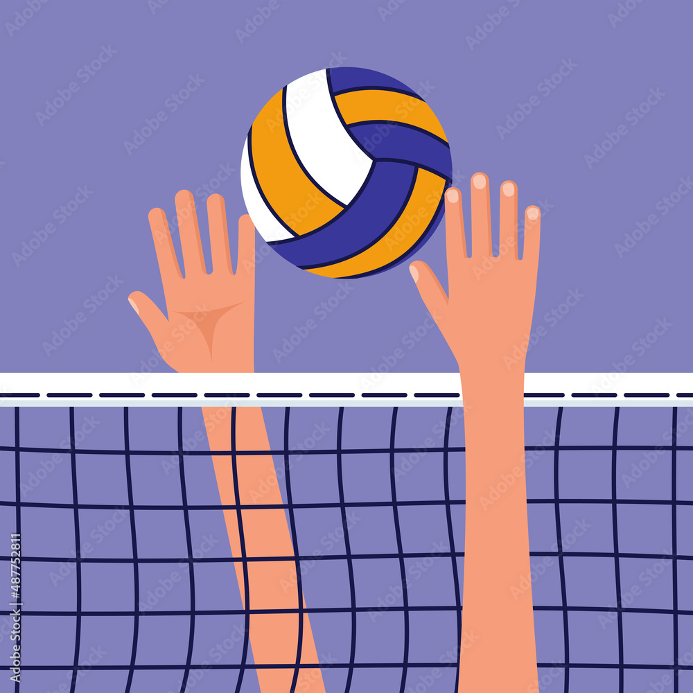 Volleyball action. Ball above net during a volleyball game. People hit ...