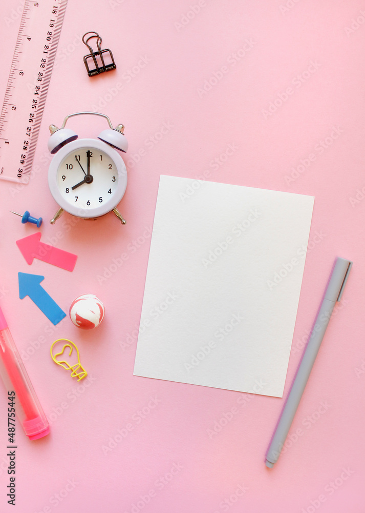 School supples frame on pink background. Flat lay, top view colorful ...