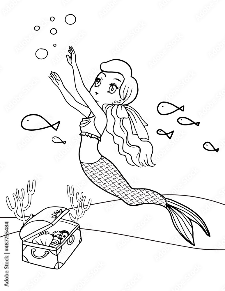 Cute line art mermaid swimming in the sea with treasure box, colouring ...