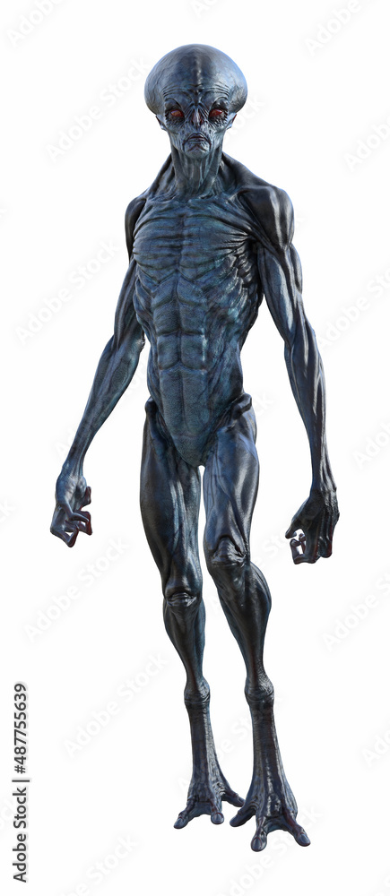 Front view 3d illustration of a male alien with red eyes and long arms ...