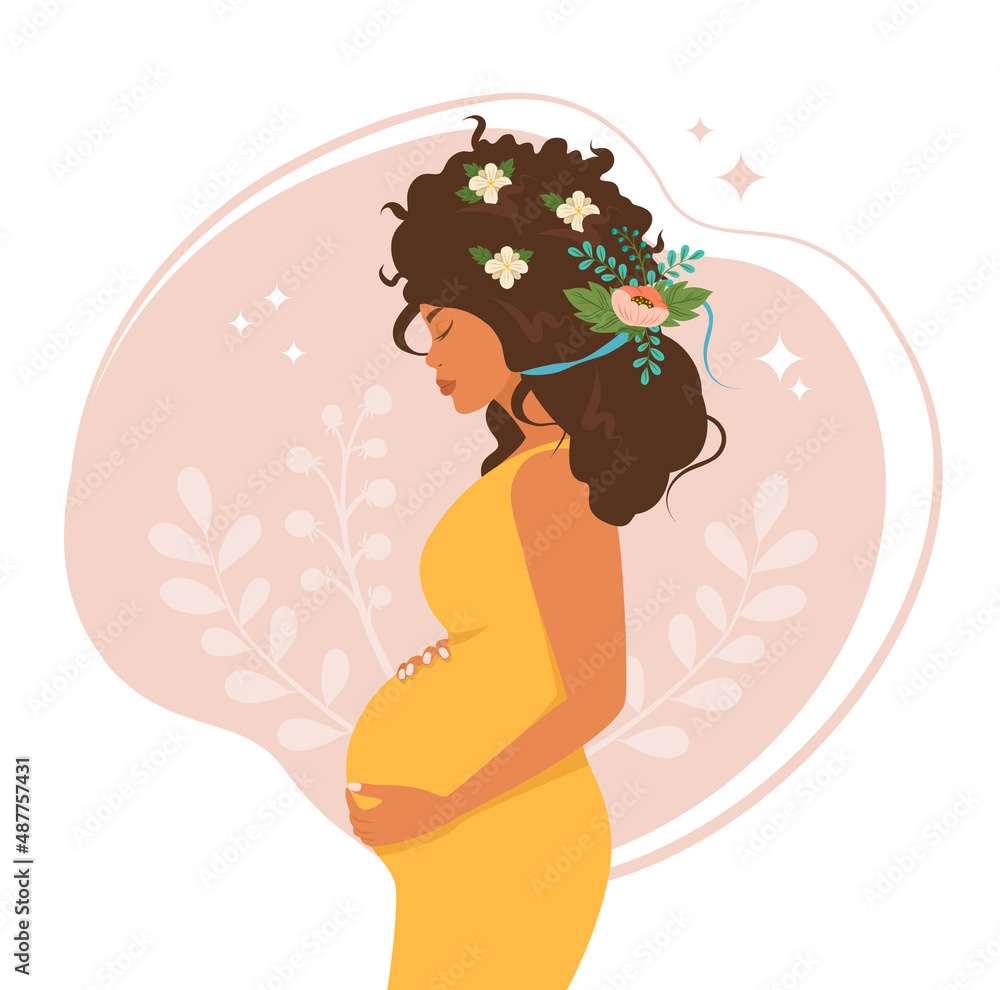 Conceptual vector illustration of a dark-skinned pregnant woman in a cute cartoon style ...
