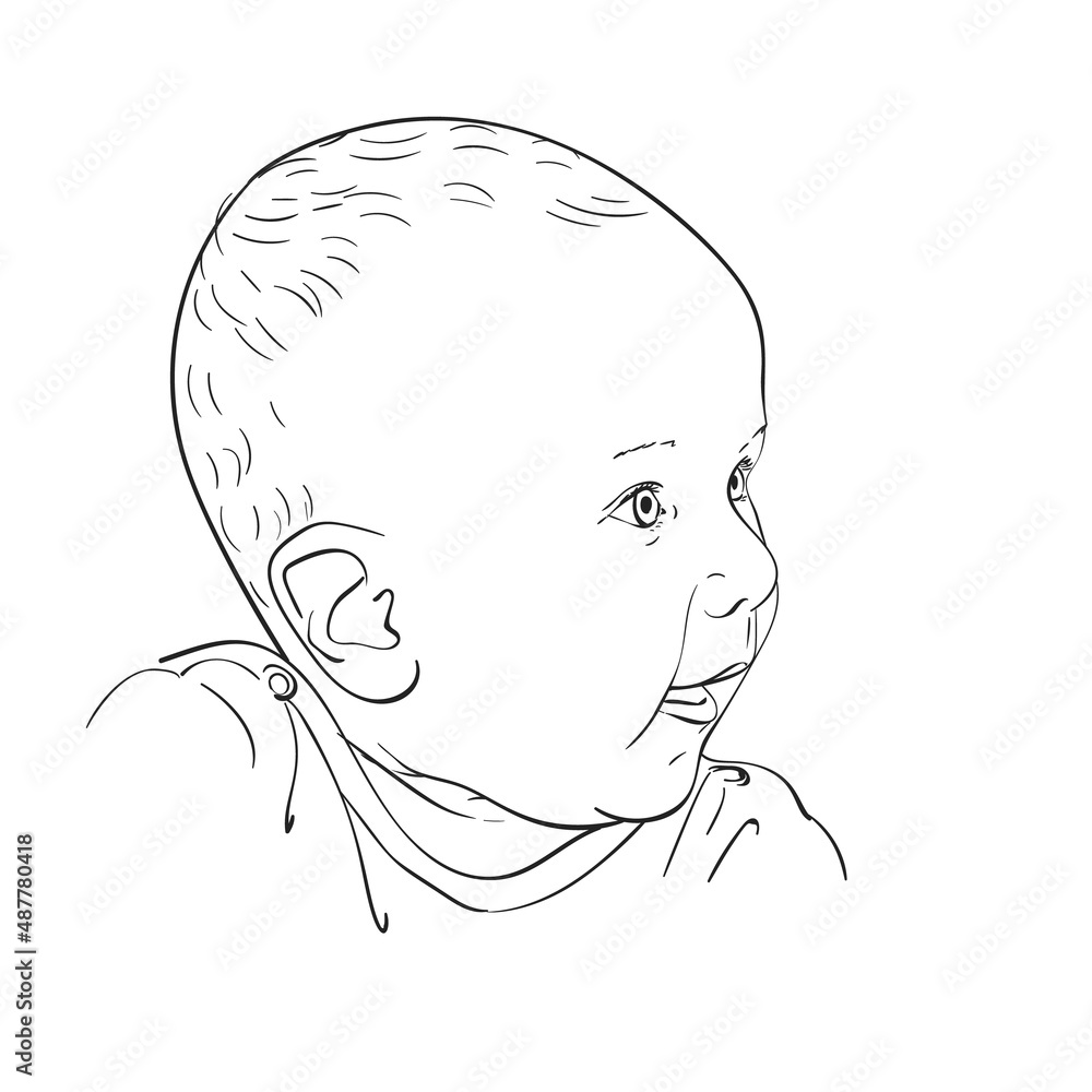 Sketch of baby head with attentive eyes and open mouth, Hand drawn ...