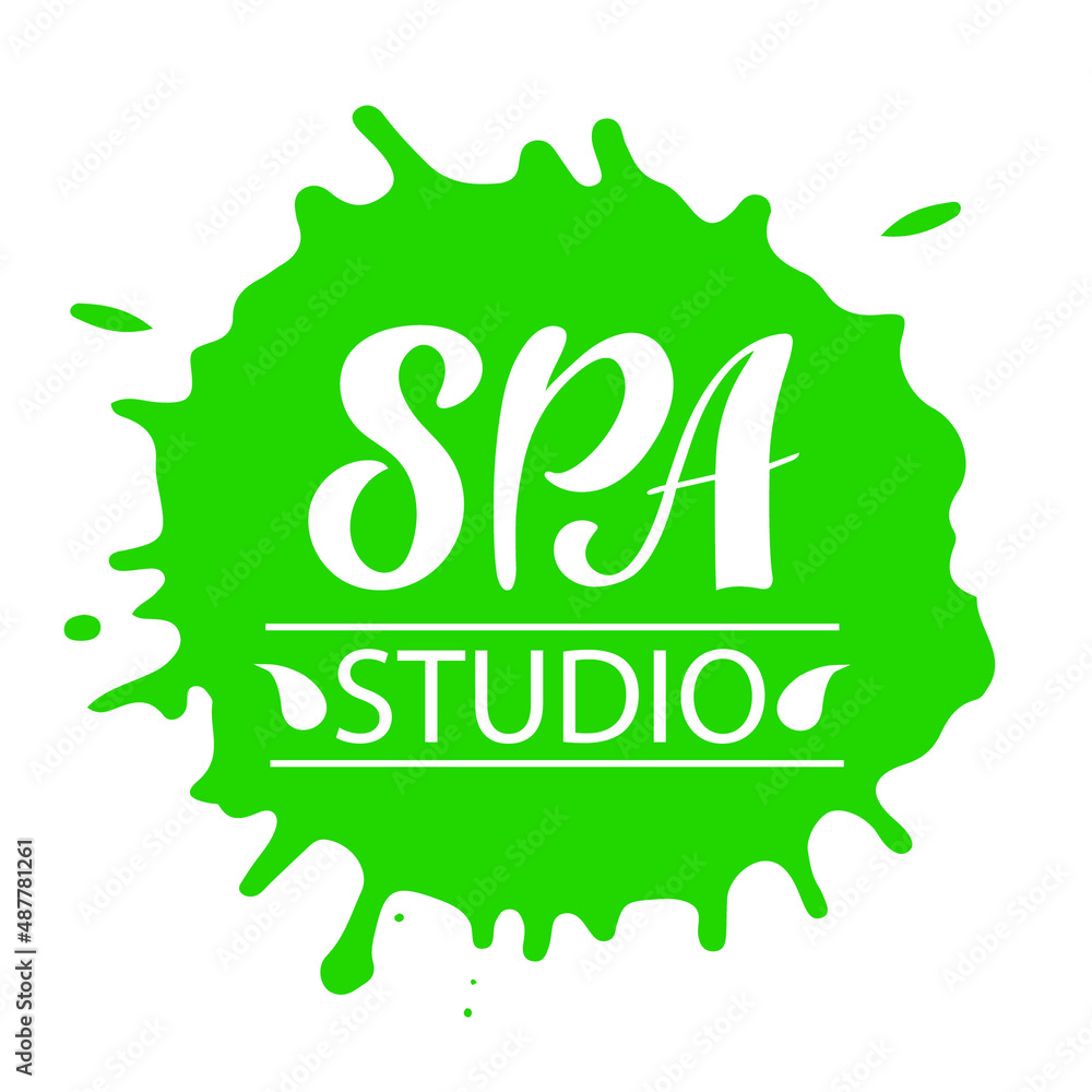 Spa studio. White letters handwritten logo with leaves on a green ...