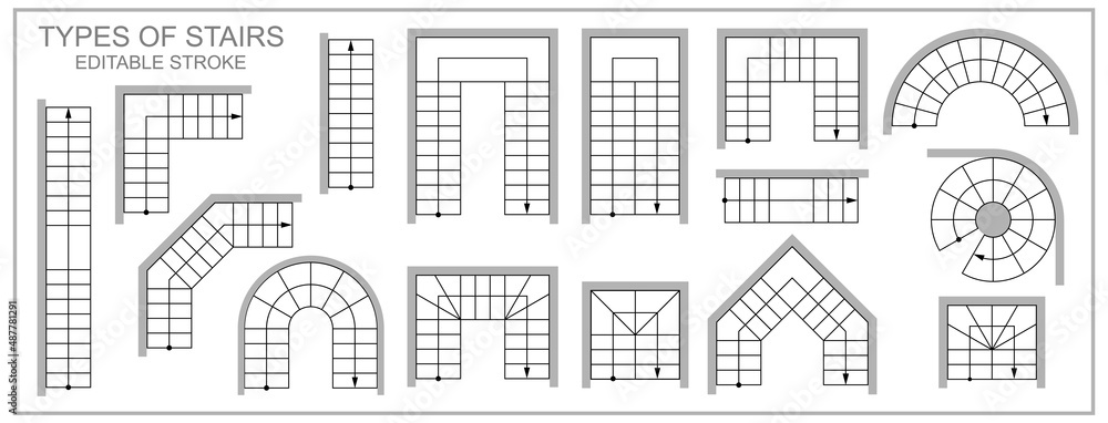 Stairs top view symbol. Types of stairway in plan or map for blueprint ...