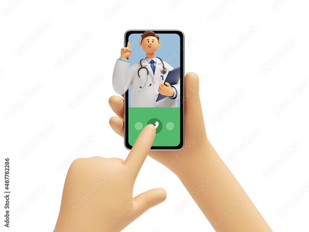 3d rendering, cartoon character hands hold smart phone with medical ...