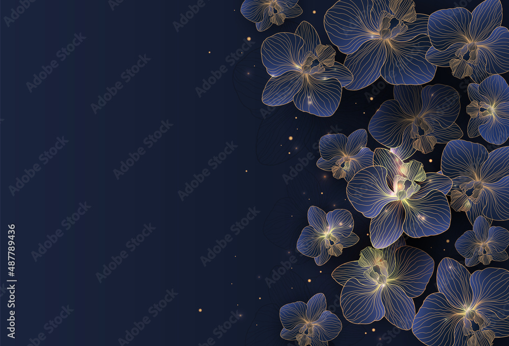 Luxury orchid background design with golden line on dark blue color ...
