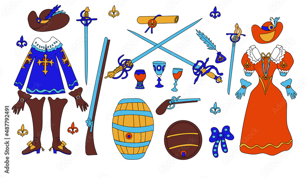 Vector set of Three Musketeers: a musketeer costume with boots, gloves ...
