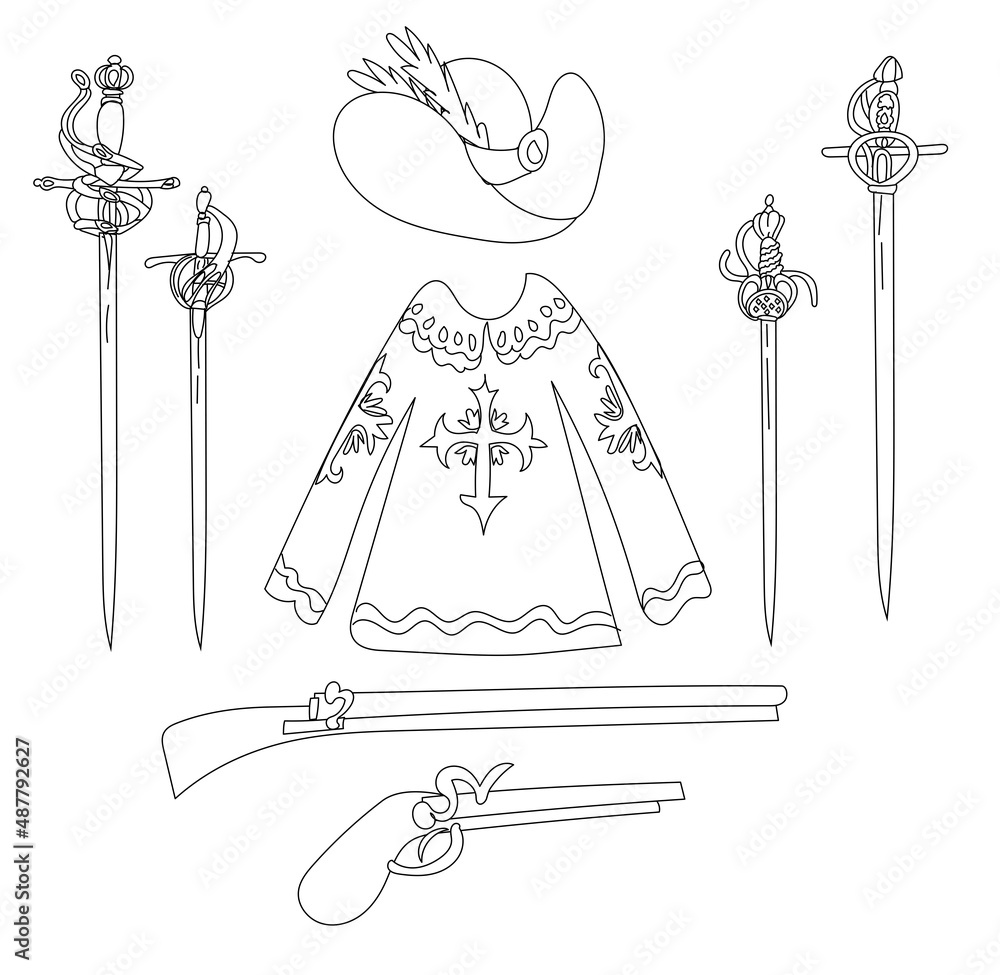 Musketeer cloak, hat, antique swords muskets and pistol isolated on a ...