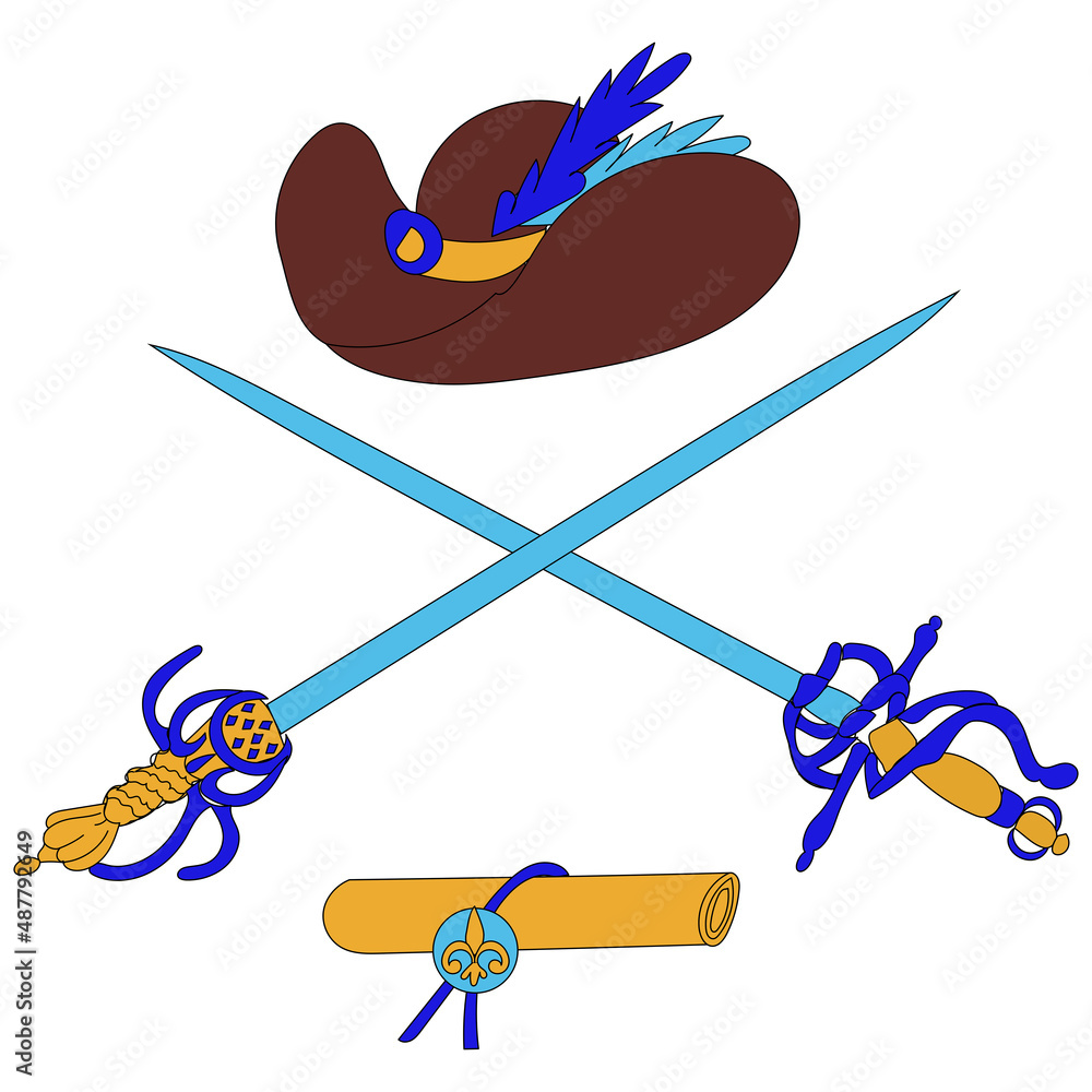 Musketeer's hat, antique swords and a letter with the royal seal are ...