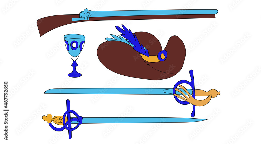 Musket, a musketeer hat, vintage swords and a vintage glass are ...