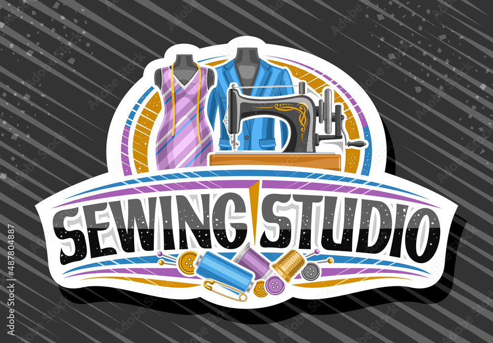 Vector logo for Sewing Studio, decorative cut paper signboard with ...