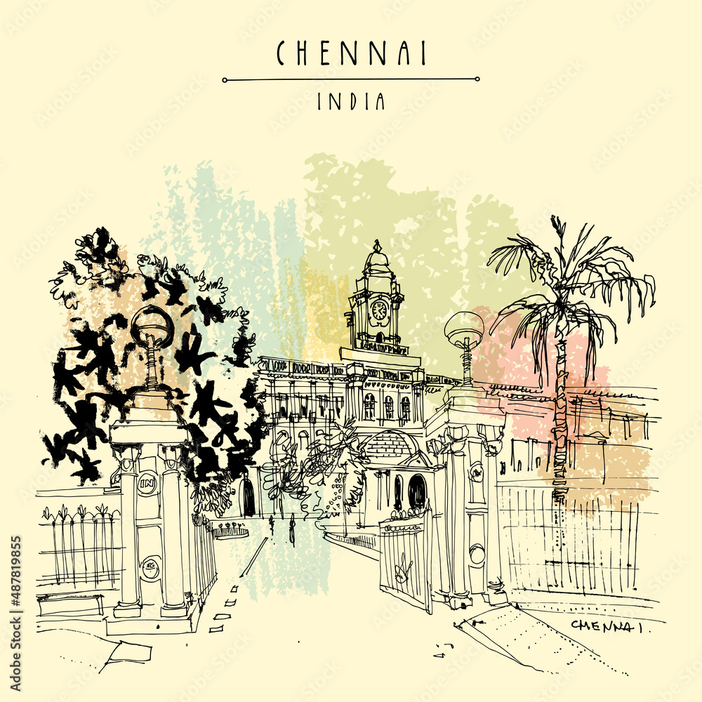 Vector Chennai (Madras), Tamil Nadu, India postcard. Corporation ...