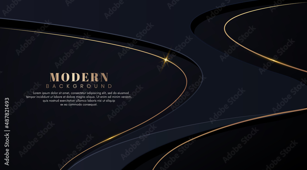 Abstract dark blue wave shape background with glitter golden wavy lines ...