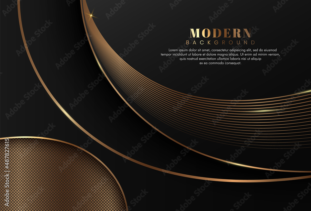 Modern abstract black curve shape on dark background with shiny golden ...