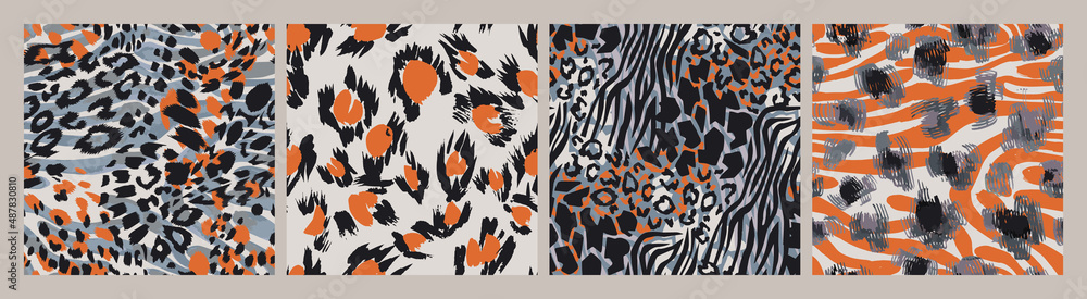 Seamless animal skin fashion patterns. Spotted and striped abstract ...