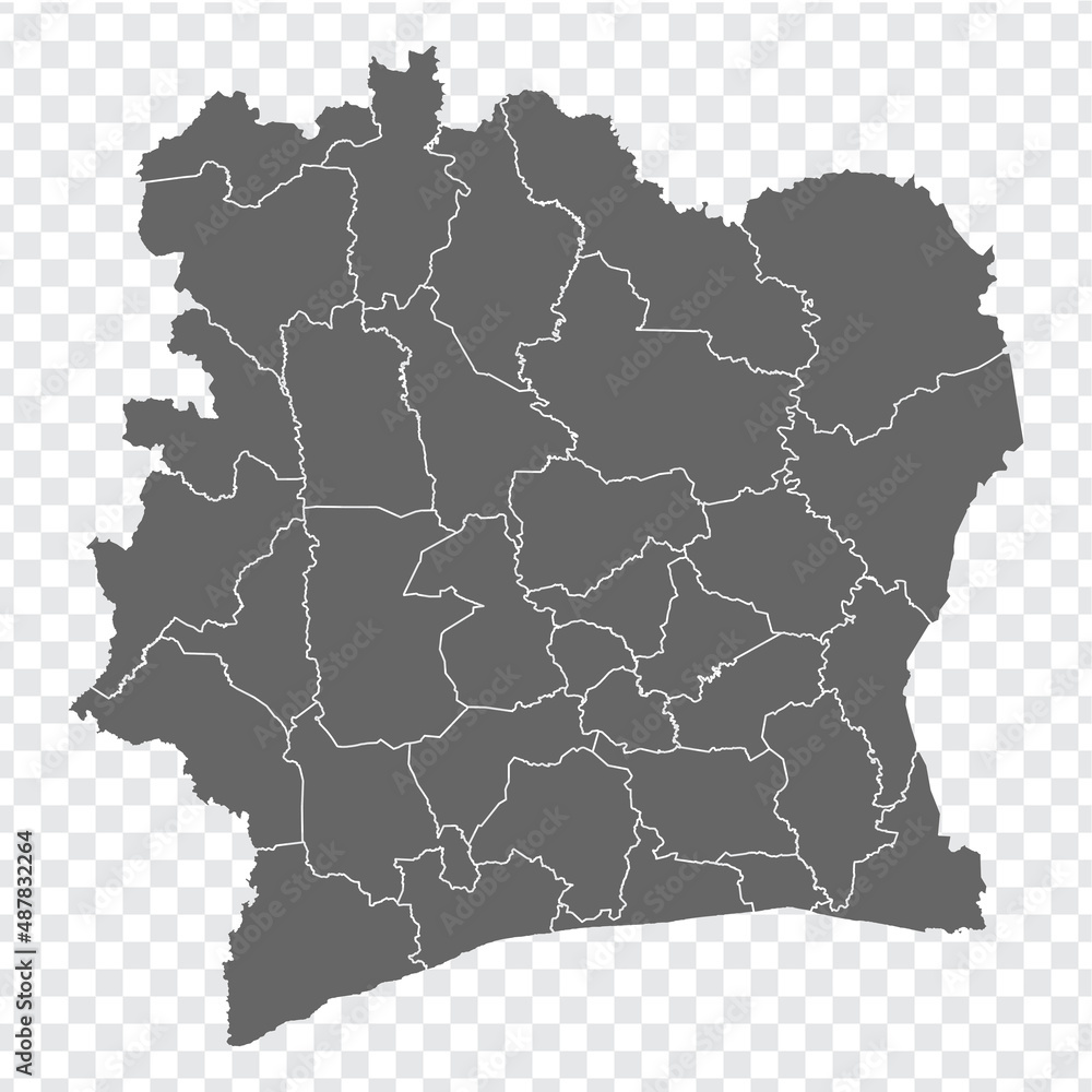 Blank map of Ivory Coast. Districts of Ivory Coast map. High detailed ...