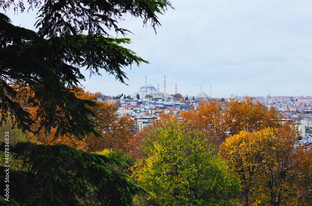 Scenic autumn landscape of Istanbul. Hills with ancient buildings and ...