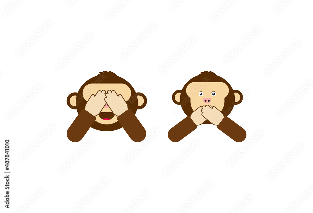 Vector Emoji Kawaii Cute Cartoon Monkey Covering Mouth Isolated. See no ...