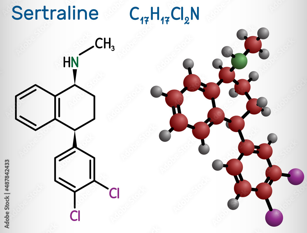Sertraline molecule. It is antidepressant, used to treat depressive ...