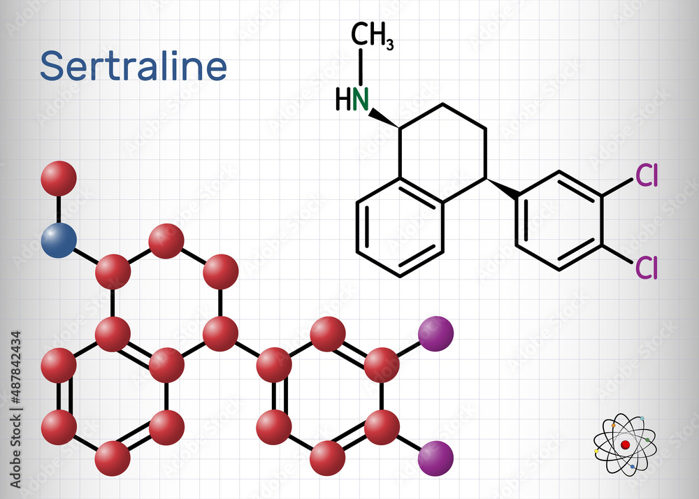 Sertraline molecule. It is antidepressant, used to treat depressive ...