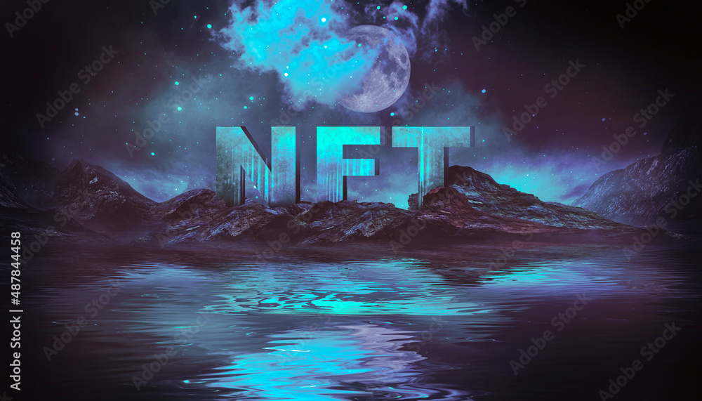 Night fantasy landscape, metaverse, sci-fi landscape, blue neon, water ...