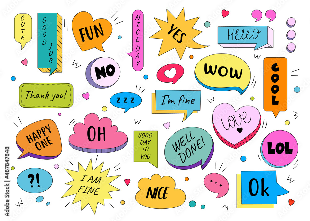Cute fun speech bubbles, frames, clouds and boxes with text. Colorful ...
