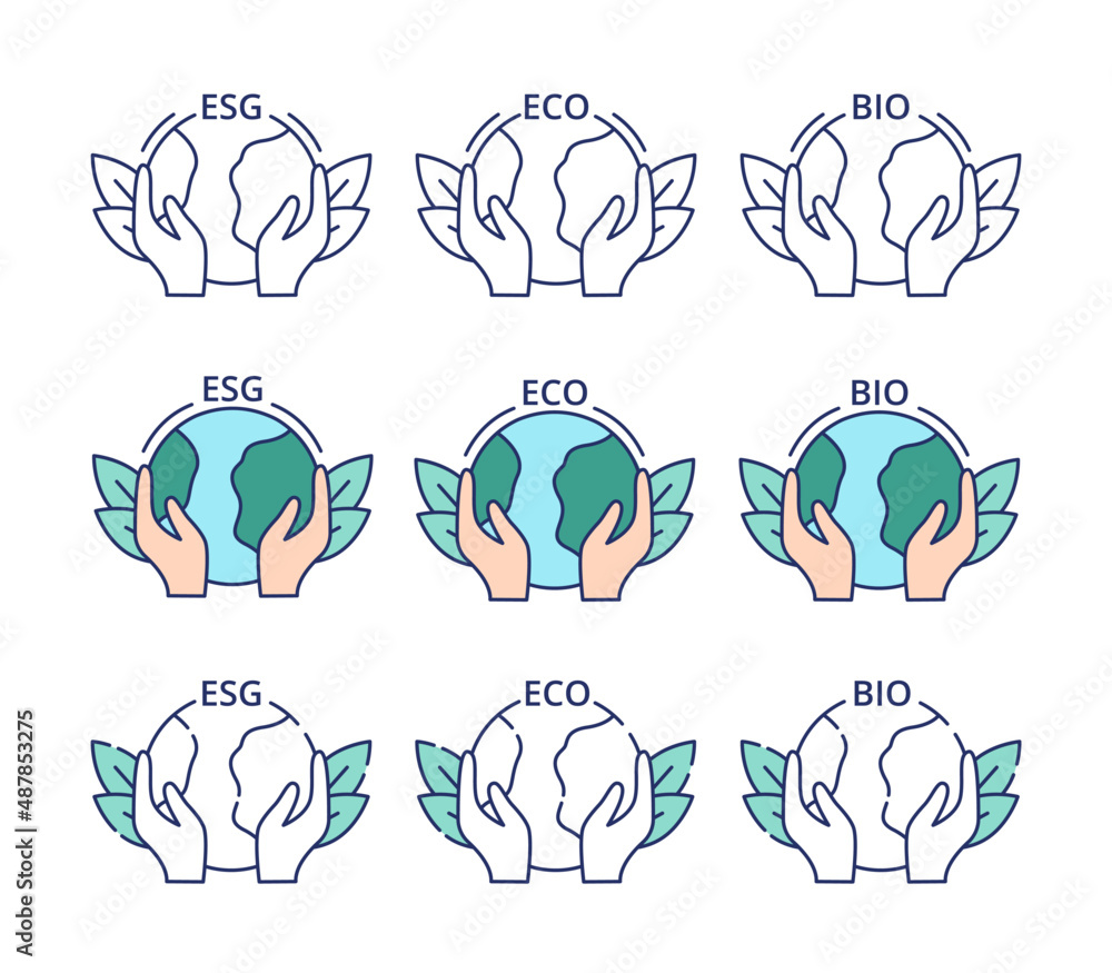 Set of ESG, ECO, BIO icons. Three variants of icons with acronyms ...