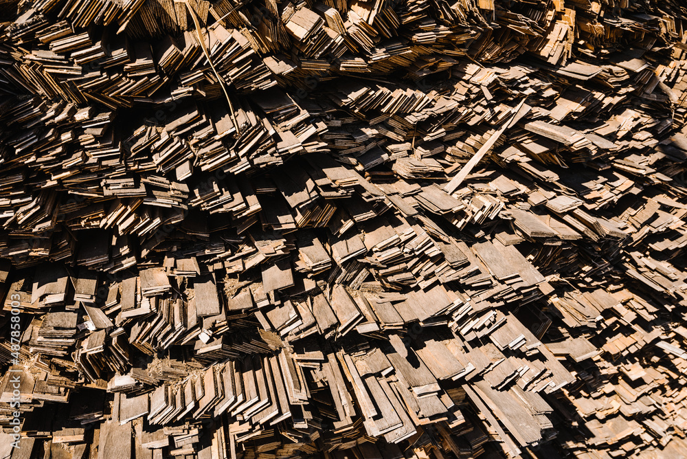 Wood waste recycle. Natural wood scraps, approach to save environment ...