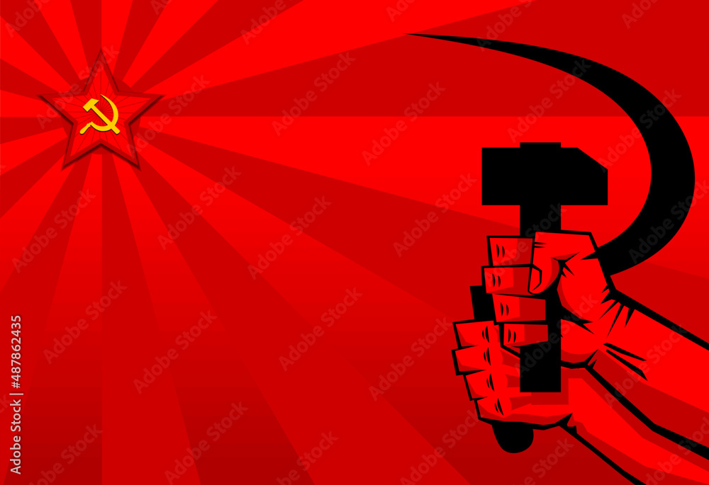 Red propaganda poster retro style. Sickle and hammer in hands, soviet ...