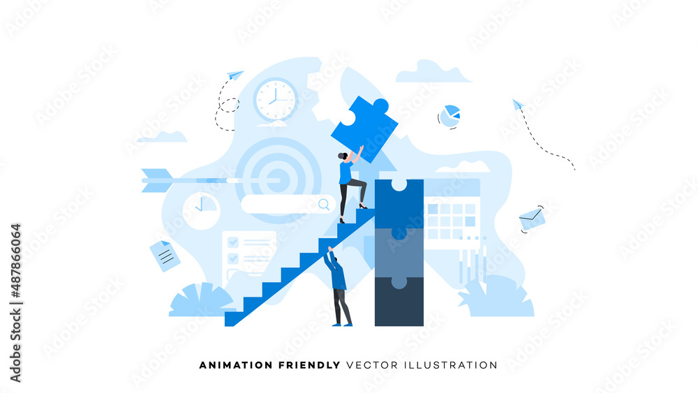 Man supports ladder so that woman can complete tower of puzzles ...