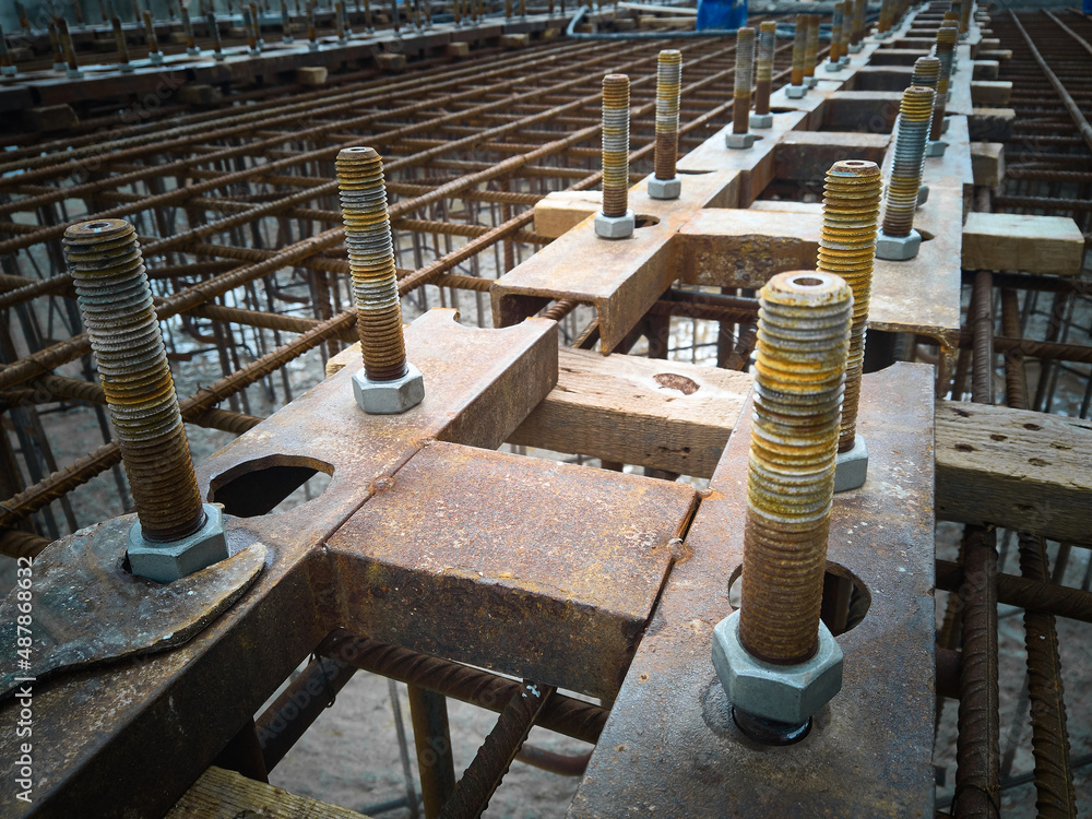 Steel anchor bolts and steel grid of foundation reinforcement. Stock ...