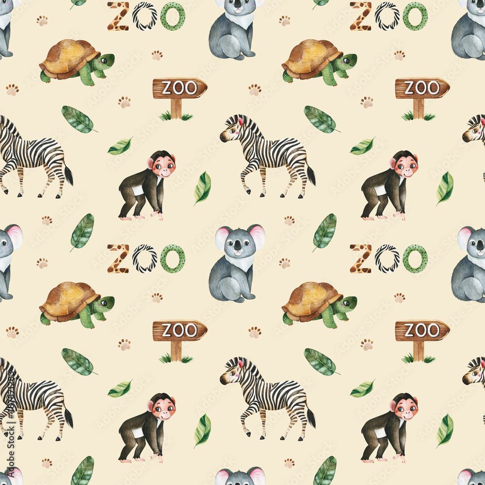 Watercolor zoo seamless pattern with zebra,monkey,turtle,koala,tropical ...