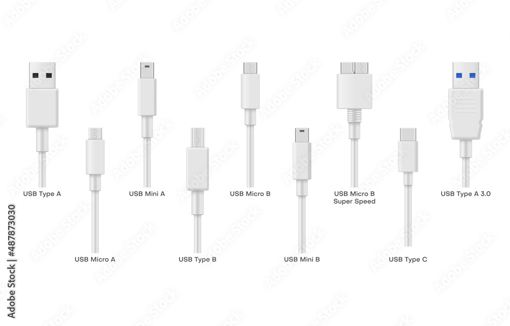 Collection realistic USB types vector illustration computer universal ...