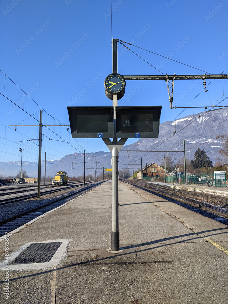 Train schedule information panel at a platform ( voie in French ...