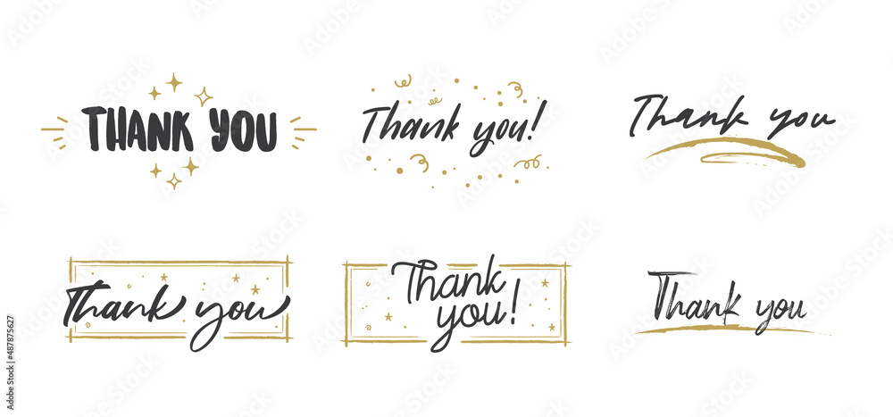 Thank you lettering. Black text word with gold stars. Hand drawn ...