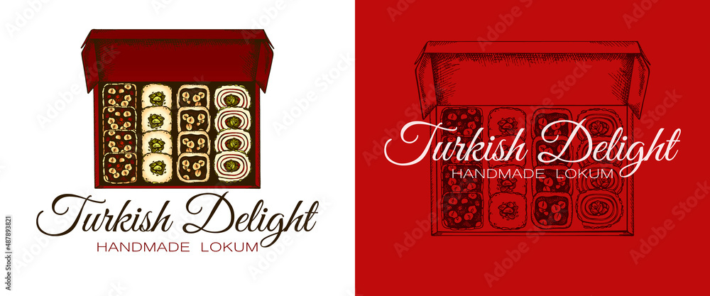 Sketch drawing logo of colorful Turkish Delight in box isolated on ...