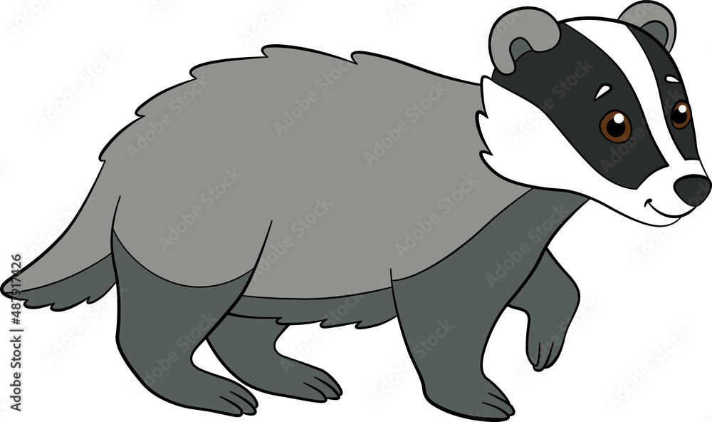 Cartoon wild animals. Little cute badger stands and smiles. Stock ...