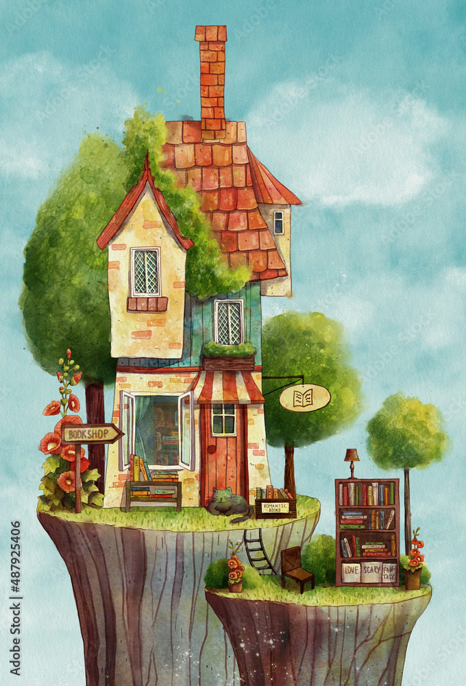 Cute summer and spring book shop with shelf, trees, flowers, rock ...