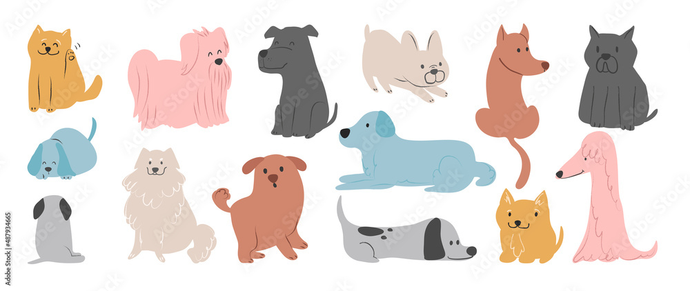 Set of cute dogs vector. Lovely dog and friendly puppy doodle pattern ...
