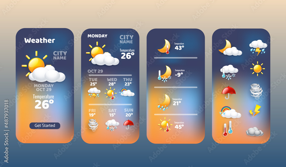 Weather Forecast Widget Collection Icon Mobile Application Program With Rain Cloud Sun Snowing