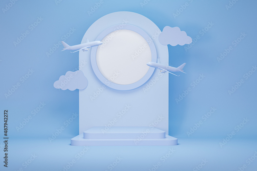 Pastel blue plane with podium. Plane take off and pastel background ...