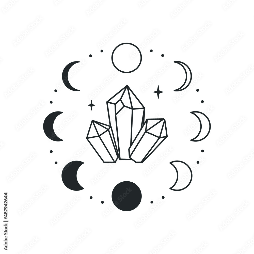Phases of the moon with magical crystals. Symbolic magic drawing ...