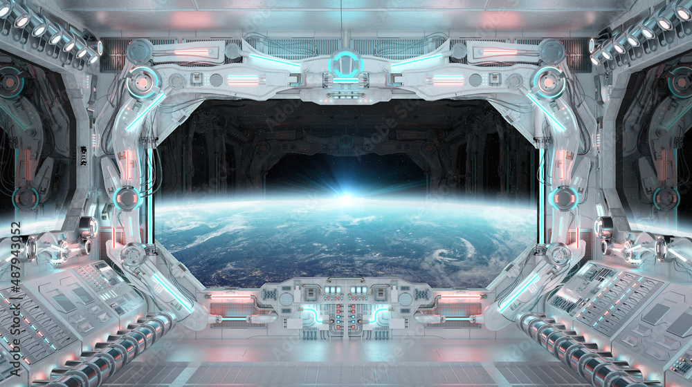 White spaceship interior with glowing blue and red lights. Futuristic ...