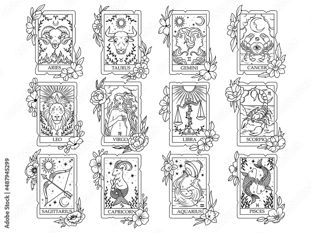 Set of astrology zodiac cards. Collection of esoteric horoscope card ...