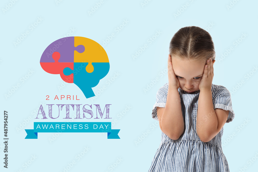 Sad little girl with autistic disorder on light background. World ...