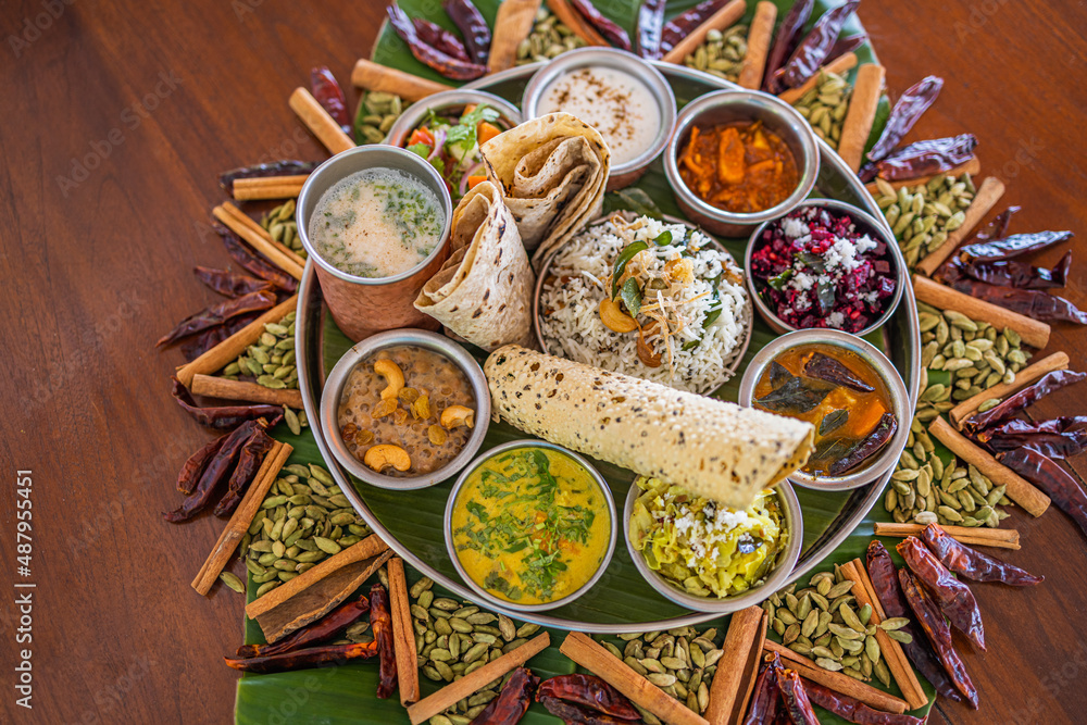 Typical Indian dish Thali. Vegetarian dishes on one large round plate ...