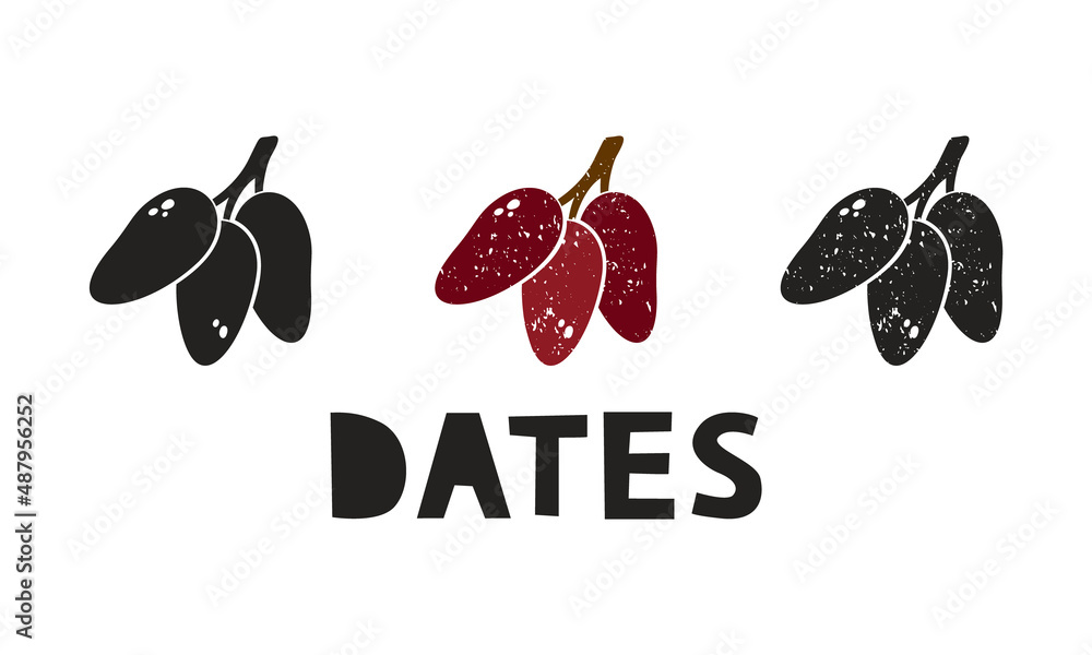 Dates, silhouette icons set with lettering. Imitation of stamp, print ...